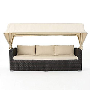 Christopher Knight Home Glaros Outdoor Aluminum Framed Wicker Sofa/Daybed with Water Resistant Canopy and Cushions, Multibrown / Beige
