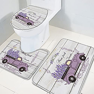 Lavender 3 Piece Bath Rugs Sets Truck with Lavender Non Slip Bathroom Carpet Farm Fresh Flower Farmhouse Purple Floral Wood Absorbent U-Shaped Toilet Mat, Toilet Lid Cover
