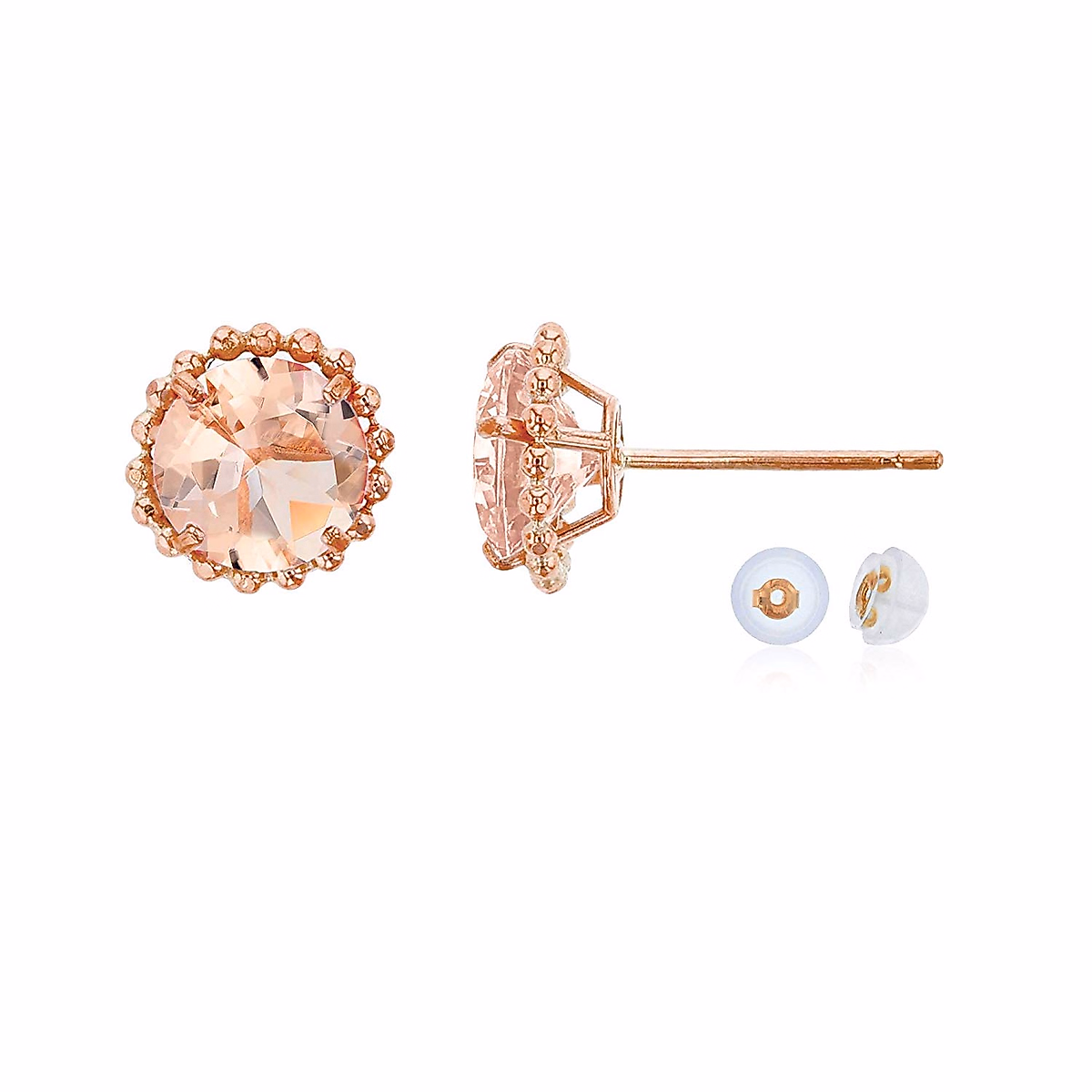 10K Rose Gold 5mm Round Morganite with Bead Frame Stud Earring with Silicone Back