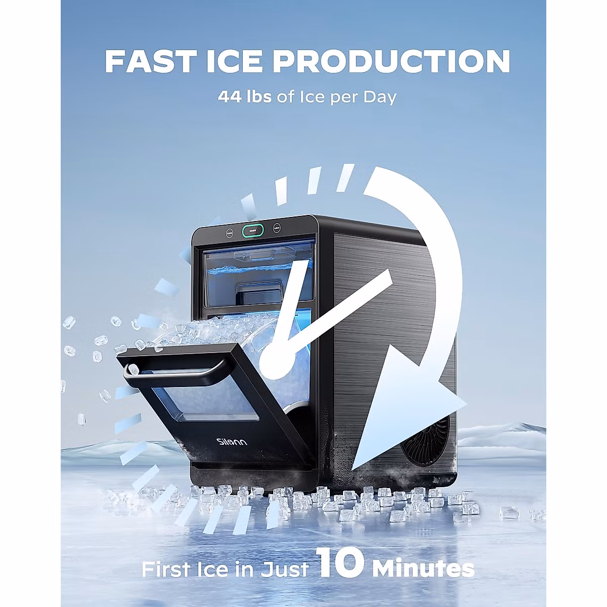 Silonn Nugget Ice Maker Countertop, Pebble Ice Maker Nugget, 44lbs Crushed Ice in 24h, Pull-Out Water Tank and Removable Ice Basket for Home, Kitchen, Stainless Steel