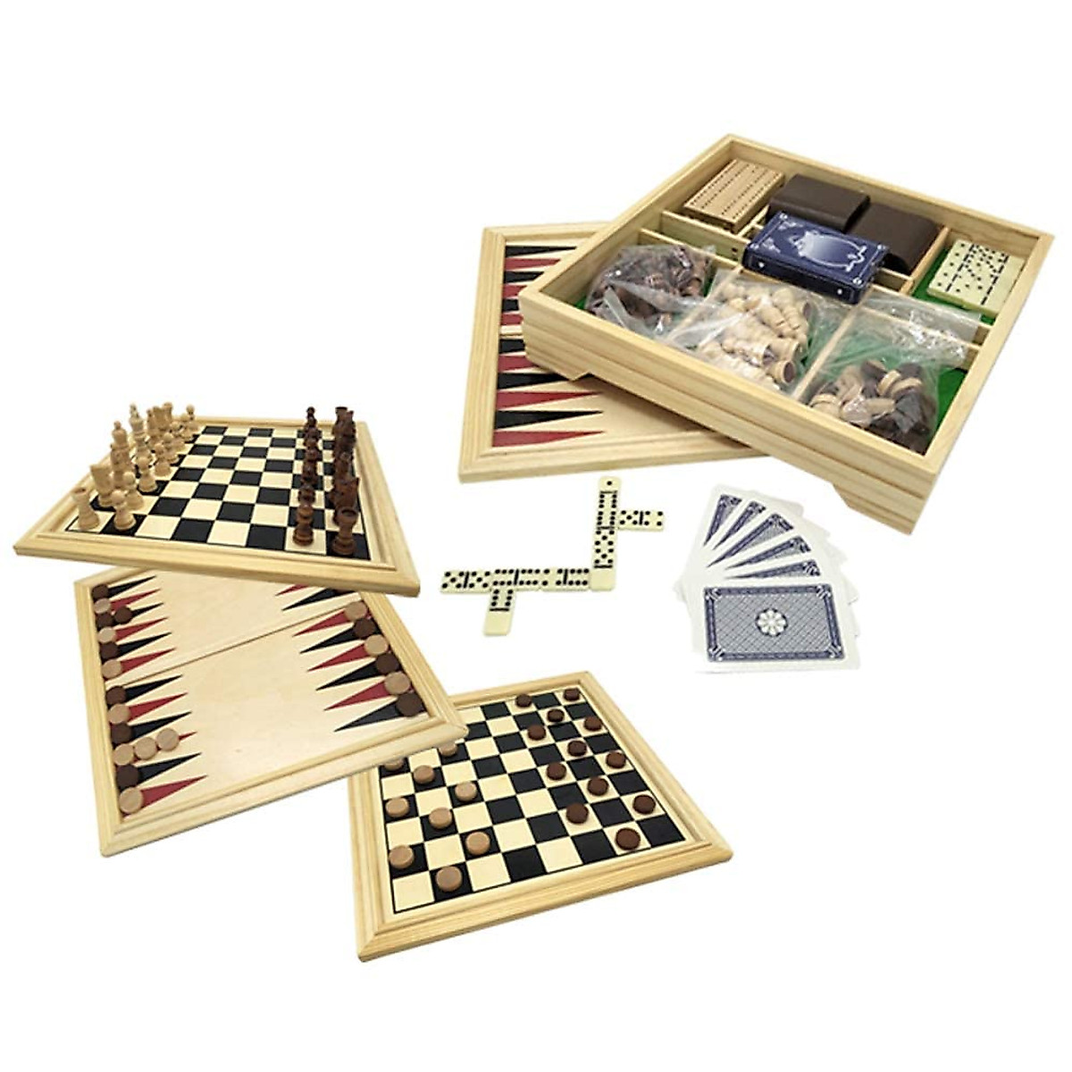 KAILE Deluxe 11.8 Inch 7 in 1 Board Game Set - Chess Set, Checkers, Backgammon, Dominoes, Playing Cards, Poker Dices and Cribbage