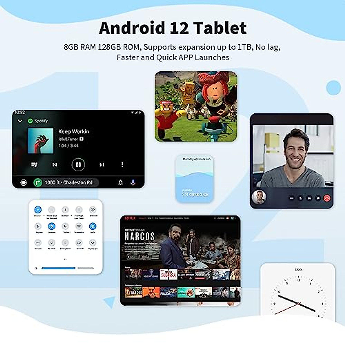 Android Tablet, 10 Inch Android 12 Tablet, 8GB RAM 128GB ROM, 1TB Expand, Android Tablet with 5G WiFi, 4G/LTE, 8000 mAh Battery, Dual Camera, Bluetooth 5.0, FHD IPS Touch Screen, GPS, GMS Certified
