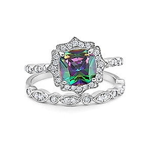 Blue Apple Co. Two Piece Art Deco Wedding Engagement Ring Band Cushion Simulated Rainbow Cubic Zirconia 925 Sterling Silver Size-8