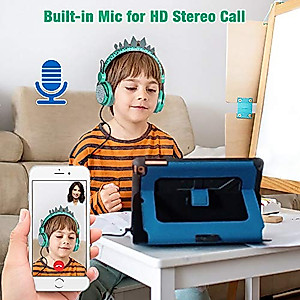 Kids Headphones Boys, Wired Dinosaur Headphones w/Mic 3.5mm Jack & Adjustable Headband & Tangle-Free Cord, Over On Ear Headset for School Birthday Xmas, w/1pc Dinosaur Party Bag, Green