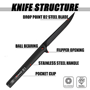 Carimee Slim Pocket Knife 3.5", Gentlemen`s Folding Knife, Fully black Ti-coated D2 steel blade and stainless Steel handle, with Leather Sheath, EDC tool, 2024 Gifts for men women