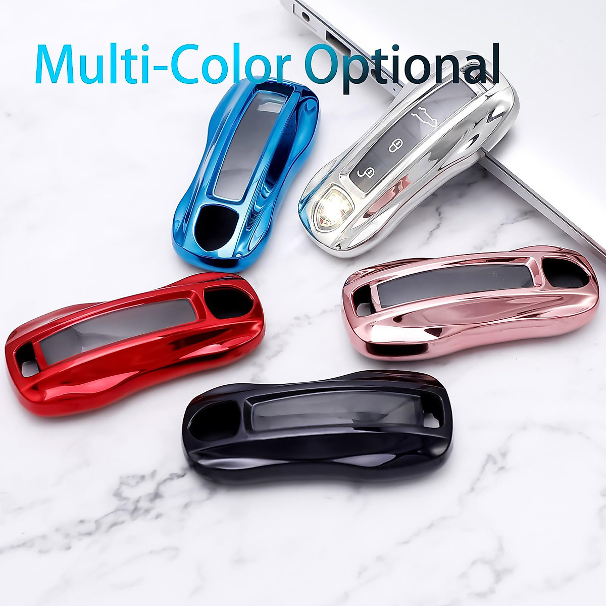 WORCAS Smart Soft TPU Key Fob Cover Compatible with Porsche 911 Cayenne Panamera TAYCAN 3/4 Button Keyless Entry Remote Control Accessories Protective Cover(Blue)