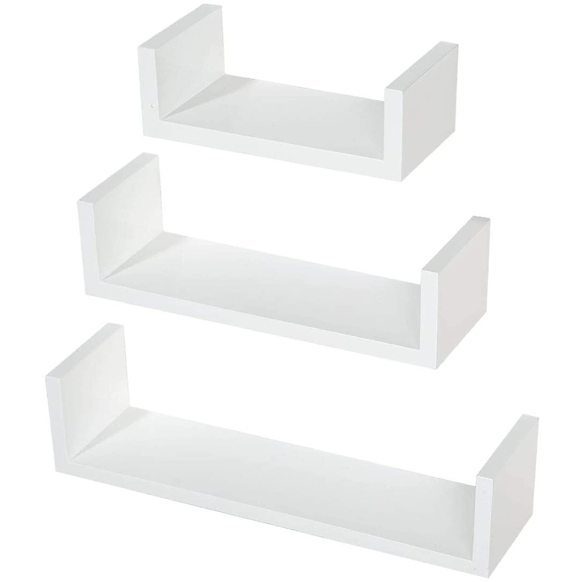 KF-Premium Set of 3 White U Shaped Floating Wooden Book Shelves - Wall Mounting Shelf Storage Display Book Unit for Bedroom Office Kitchen, Creative Self Hanging Display Bookcase
