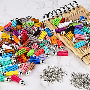 Keychain Tassels Jewelry Key Charms - 300pcs Keychain Tassels Bulk, 100pcs Key Chain Tassles, 100pcs Jump Rings, 100pcs Screw Eye Pins Hooks, Leather Tassels for Jewelry Making Crafts (Colorful)