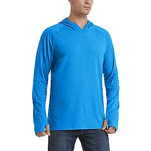 TACVASEN Men's Athletic UV Long Sleeve Durable Shirts with Hoody Running Exercise, Sea Blue, L