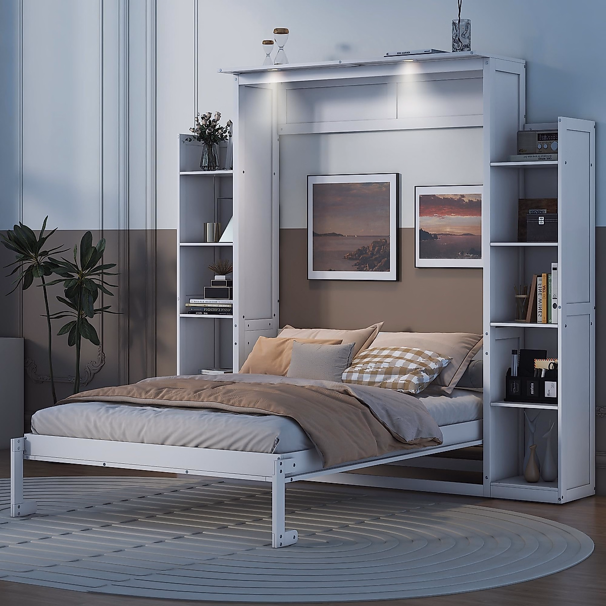 BIADNBZ Full Size Murphy Wall Bed with Side Cabinet Storage and LED Lights, Wood Vertical WallBed Foldable Bedframe with Shelves/Bookshelves for Guest Room Apartment, White