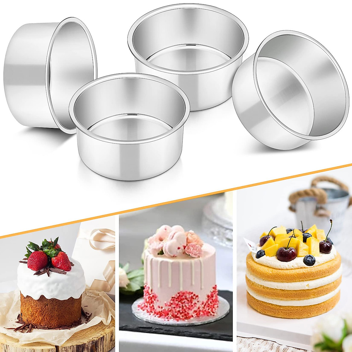 P&P CHEF Cake Pan Set of 4, Stainless Steel Baking Round Cake Pans Tins Bakeware for Birthday Wedding, Leak-proof & Easy Clean, Mirror Finish & Easy Releasing, 4 Inch
