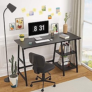 Foxemart Trestle Computer Desk 47 Inch Study Writing Home Office Desk with Storage Shelves, 2-Tier 47” Modern Sturdy PC Laptop Gaming Desk, Multifunctional Wooden Work Table, Black