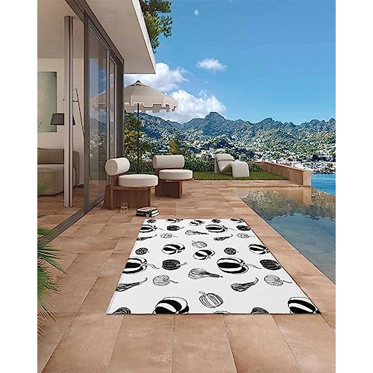 Thanksgiving Fall Outdoor Rug for Patio/Deck/Porch, Non-Slip Large Area Rug 6 x 9 Ft, Simple Black and White Fall Pumpkin Indoor Outdoor Rugs Washable Area Rugs, Reversible Camping Rug Carpet Runner
