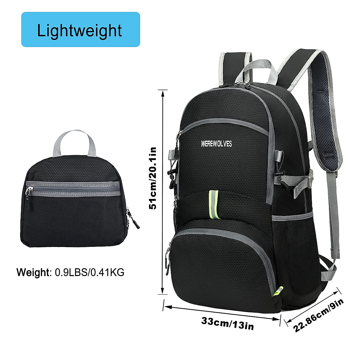 WEREWOLVES 35L Ultralight Hiking Backpack, Lightweight Foldable Water Resistant Outdoor Sports Travel Daypack for Women Men (black, 35L)