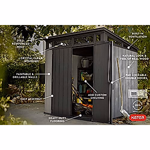 Keter Artisan 7x7 Foot Outdoor Shed with Floor-Modern Design for Patio Furniture Lawn Mower, Tools, and Bike Storage, Grey