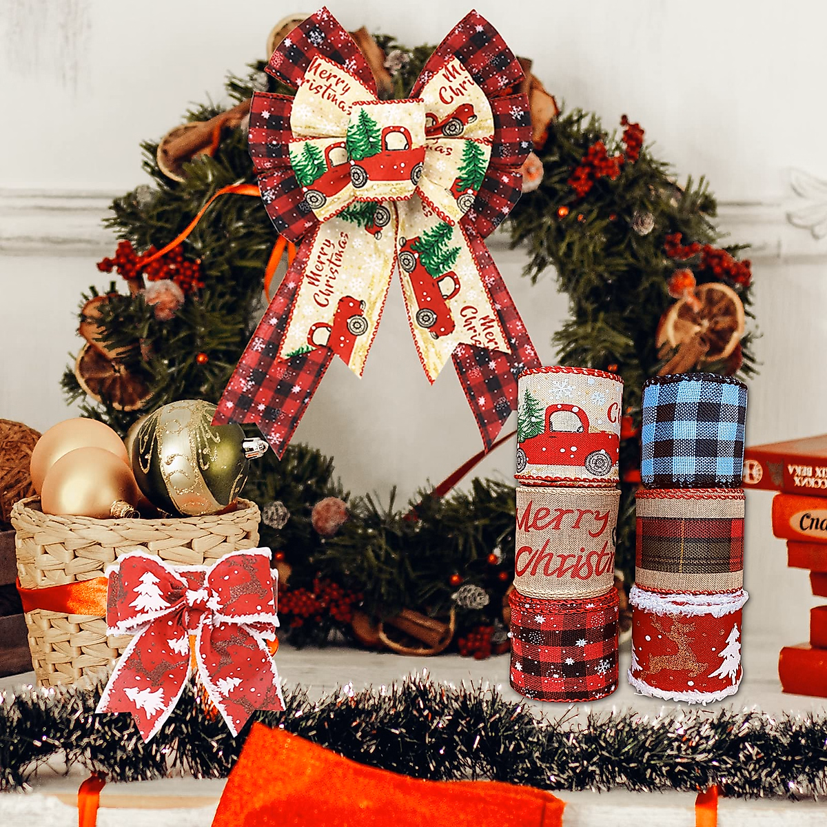 6 Rolls/30 Yards Christmas Ribbon Wired Burlap Ribbon Multi-Color Plaid Ribbon for Christmas Thanksgiving DIY Wrapping Wedding Floral Bows Crafts