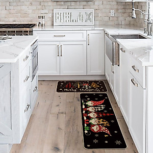 Artoid Mode Buffalo Plaid Tree Gnomes Black Christmas Kitchen Rugs Set of 2, Winter Low-Profile Floor Mat Merry Home Decora for Floor - 17x29 and 17x47 Inch