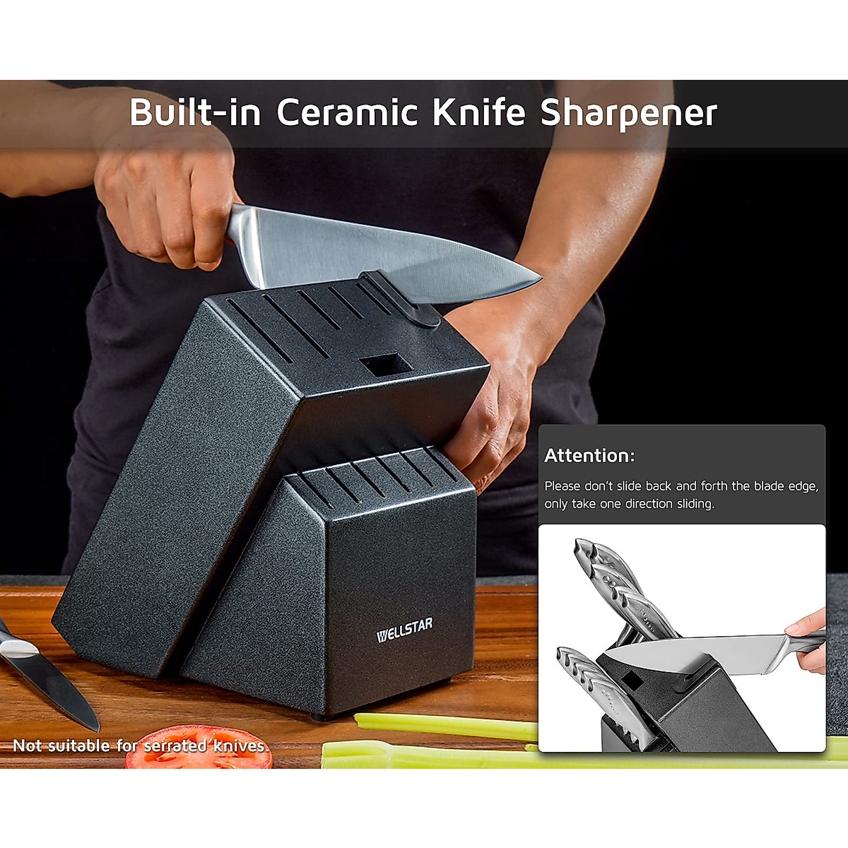 12 Slot Kitchen Knives Block, WELLSTAR Natural Wood Knife Holder without Knives – Hard Wood Countertop Knife Storage with Built-in Knife Sharpener - Black