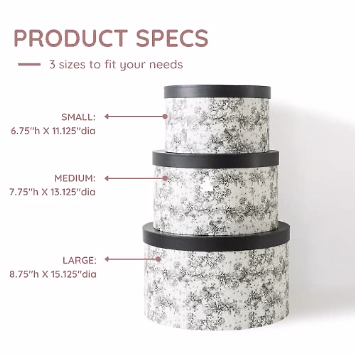 Soul & Lane Floral Hat Round Boxes with Lids - Set of 3: Nesting Cardboard Hat Storage, Large Black Print Hat Cases, Round Decorative Keepsake Boxes, Stacking Paper Mache Craft Boxes