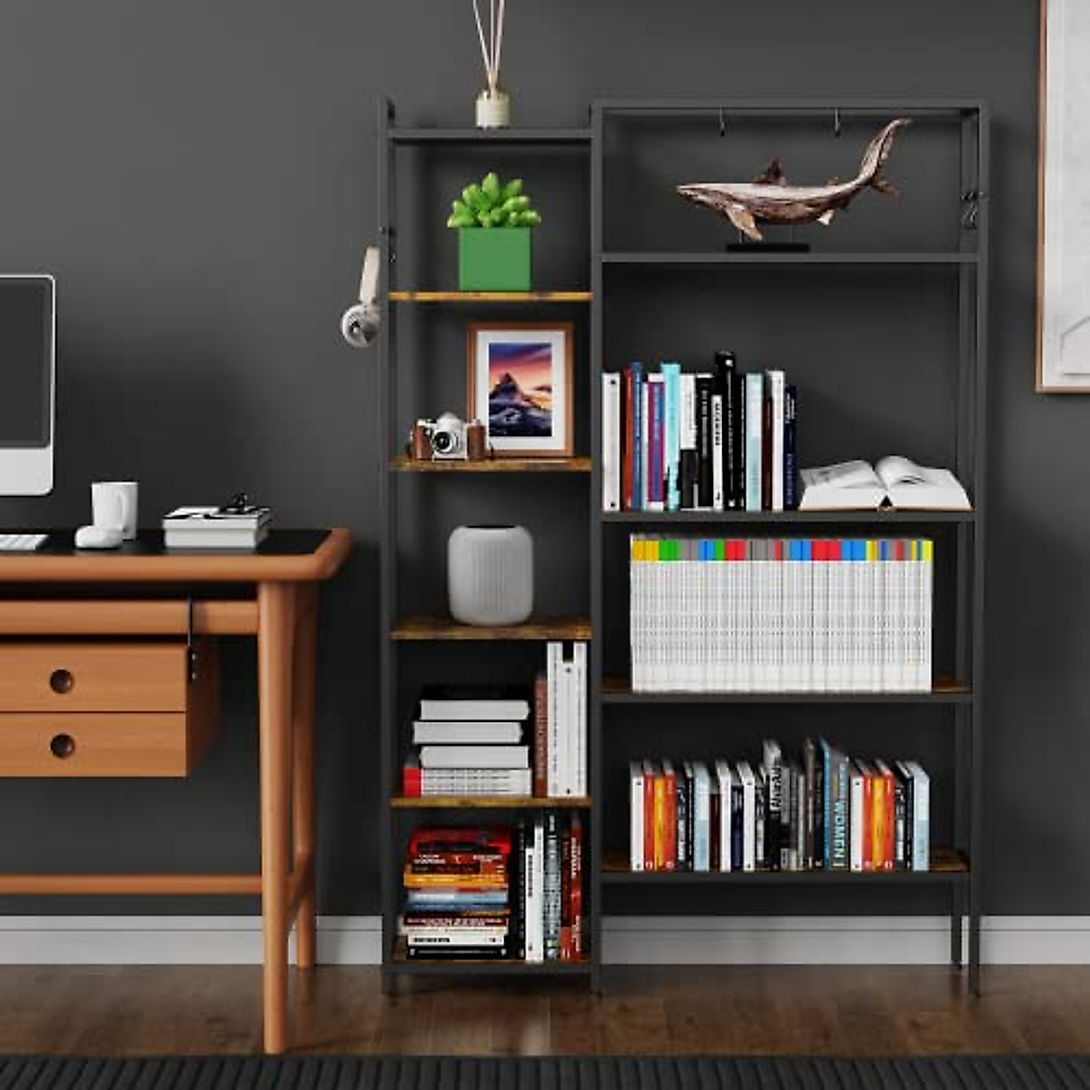 Iaocpio 6 Tier Bookshelf 70 inch Tall Bookcase, Double Wide Bookshelves with 6 S-Hooks.