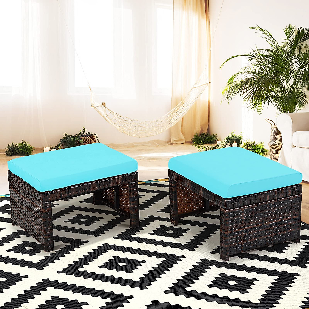 Tangkula 2 Pieces Patio Rattan Ottomans, All Weather Outdoor Footstool Footrest Seat with Soft Cushion, Hidden Zipper, High-Density Sponge, Wicker Ottoman Seat for Patio, Garden, Poolside (Turquoise)