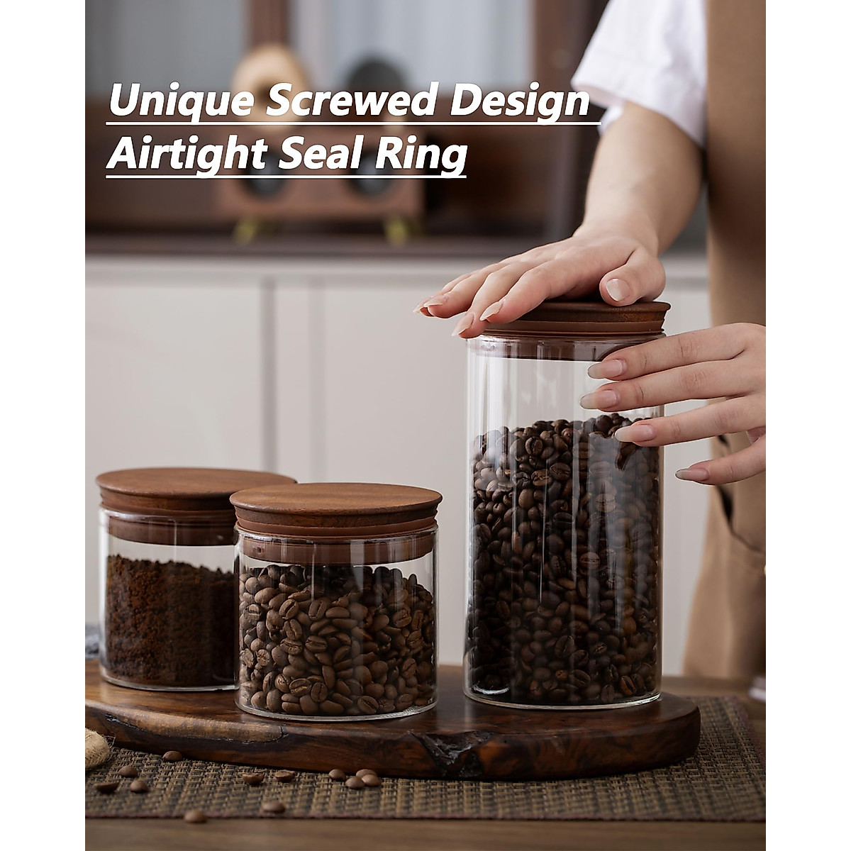 BOILMERIT 37 oz Coffee Canister with Scoop and Wooden Lids, Airtight Coffee Storage Container Sets of 2 for Ground Coffee, Glass Coffee Jars for Coffee Beans, Coffee Bar Organizer, Kitchen Countertop