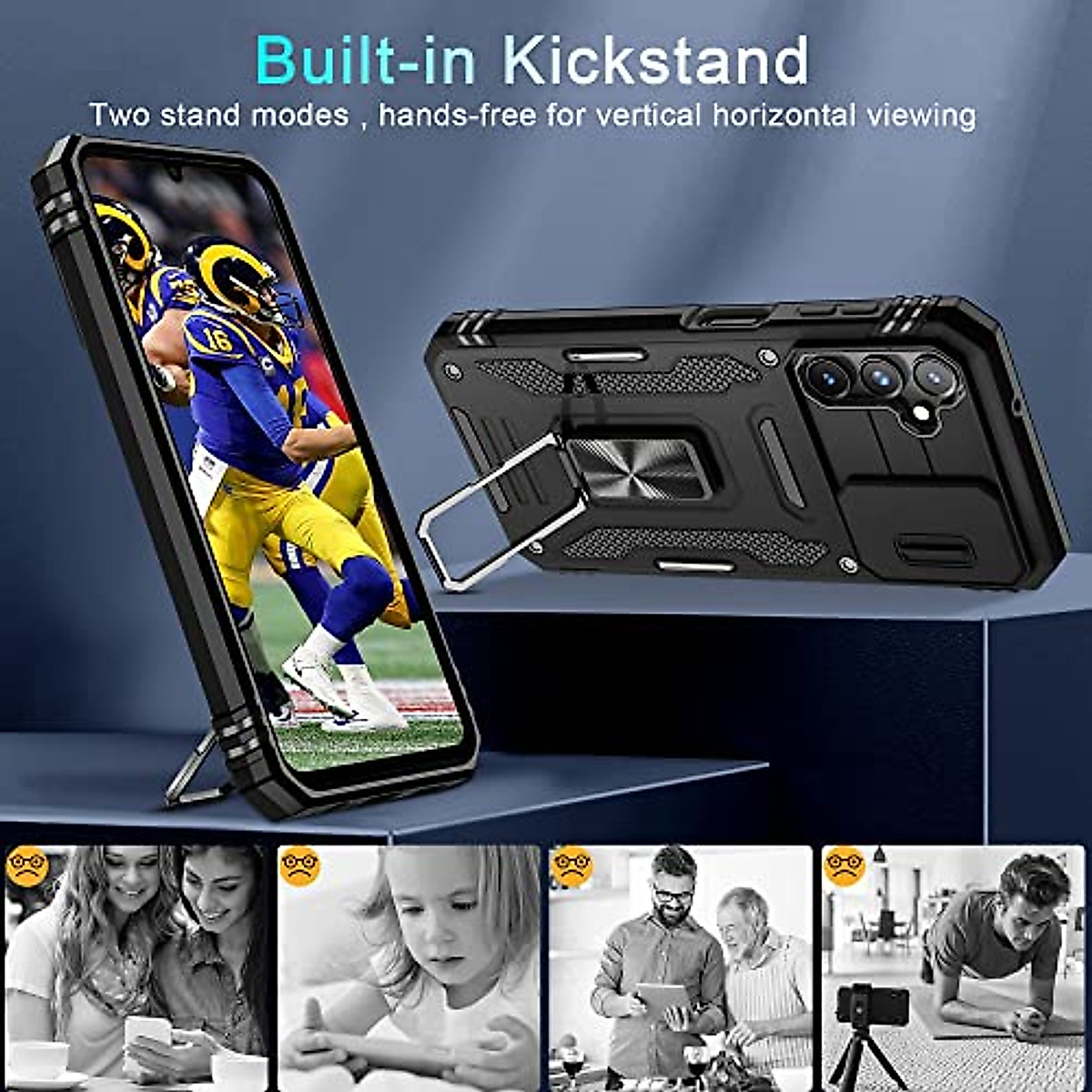 for Samsung Galaxy A14 5G Case with Slide Camera Cover+Screen Protector(2 Packs),[Magnetic Rotated Kickstand] [Camera Protection] Military Grade Shockproof Heavy Duty Protective Cover-Black