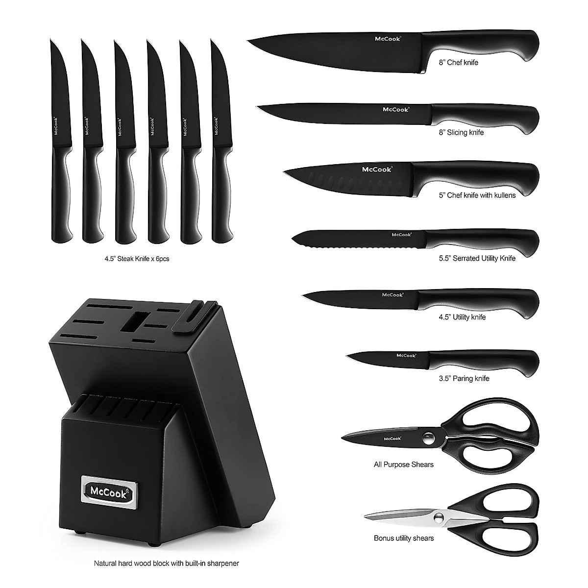 McCook MC21B 15 Pieces Stainless Steel Knife Block Sets with Built-in Sharpener + MCW12 Bamboo Cutting Board(Large, 17"x12"x1")