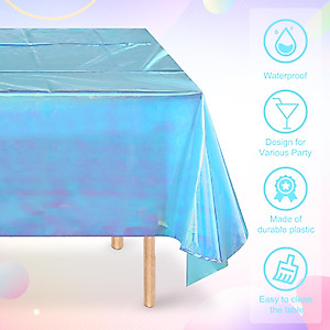 3Pcs Iridescent Plastic Tablecloths Shiny Disposable Laser Rainbow Rectangle Table Covers Holographic Foil Metallic Table Cloth for Iridescent Party Decorations Birthday Bridal Wedding 40"x108"(Blue)