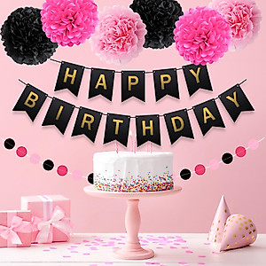 Black and Pink Birthday Party Decorations for Girls Women Happy Birthday Banner, Black Foil Fringe Curtain, Paper Pom Poms for girls Women Birthday Pink Black Party Supplies