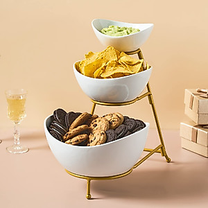 LYEOBOH 3 Tier Serving Bowls Set Tiered Serving Stand, Porcelain Oval Bowls with Collapsible Metal Stand for Entertaining, Party, Dessert Display, Candy, Chip and Dip (Gold)