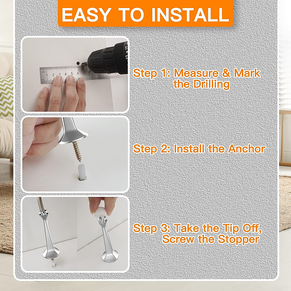 Door Stoppers for Bottom of Door - 6 Pack WINONLY Door Stops with Soft Rubber Tips Wall Protector Heavy Duty Solid Rigid Door Stoppers, Satin Nickel