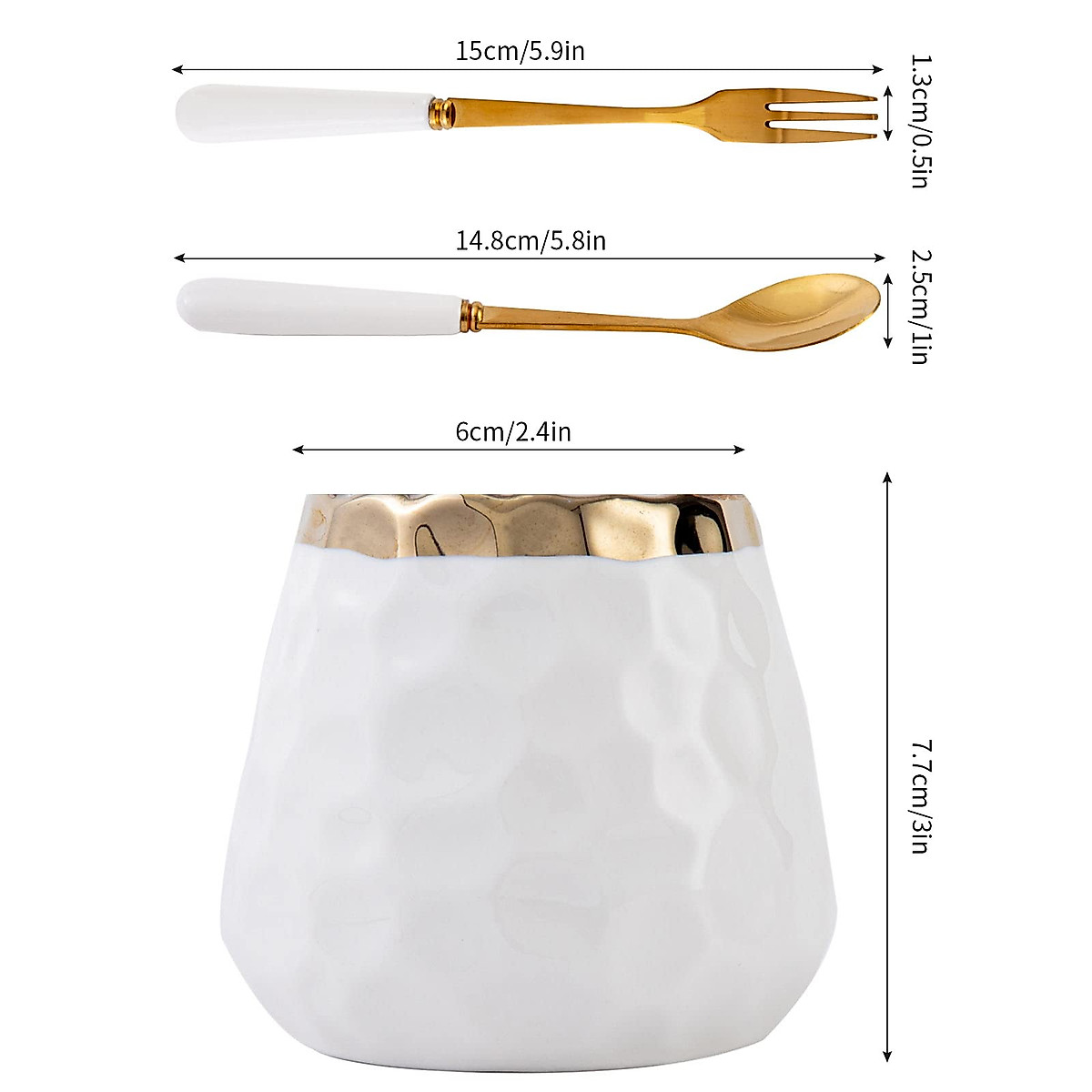 Tregoer Coffee Spoon Set,Ceramic Jar with 8 Small Spoons for Coffee,Tea,Ice Cream,Cake,Flatware Set (White gold jar+8 spoons)