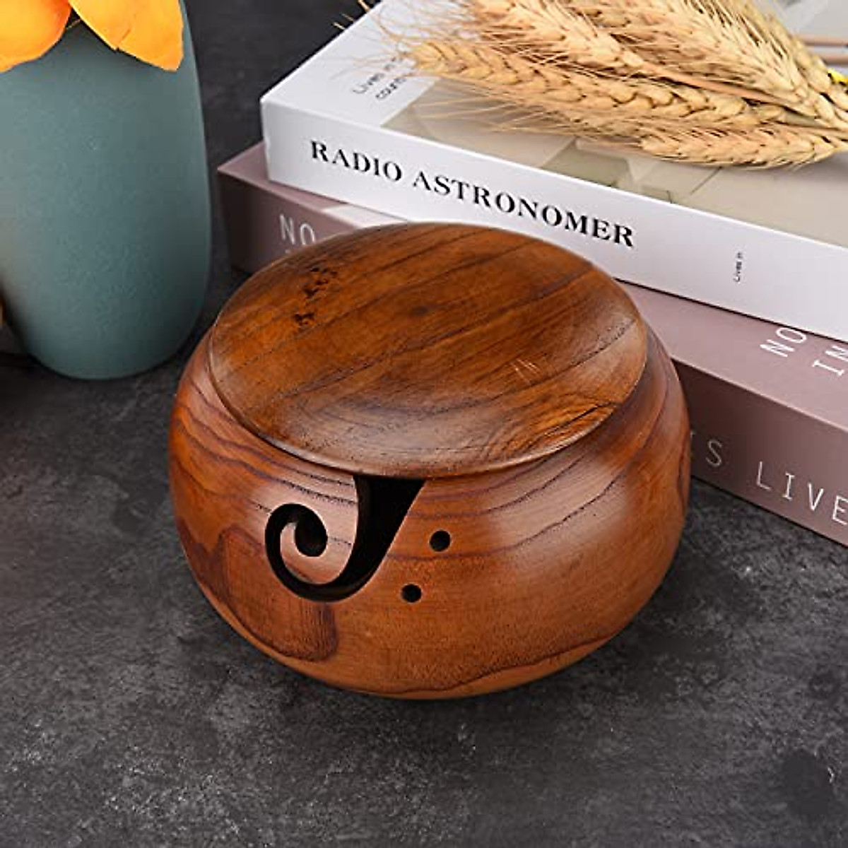 Fonzci Wooden Yarn Storage Bowl Yarn Holder Bowl for Crocheting Wooden Yarn Bowl Holder with Cover for Mothers Day Thanksgiving Day Christmas Gift