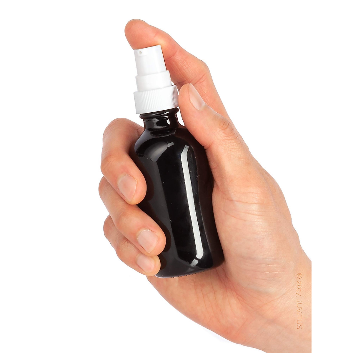 JUVITUS 2 oz Black Glass Luxury Boston Round Bottle White Treatment Pump (12 Pack) + Funnel