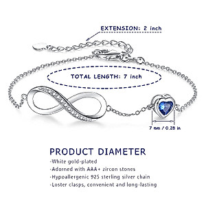 IDASANY December Birthstone Gifts for Her, Silver Birth Stone Charm Bracelet Infinity with Cubic Zirconia, Adjustable Love Heart Chain Jewelry Gifts for Anniversary Christmas, 7"+2"