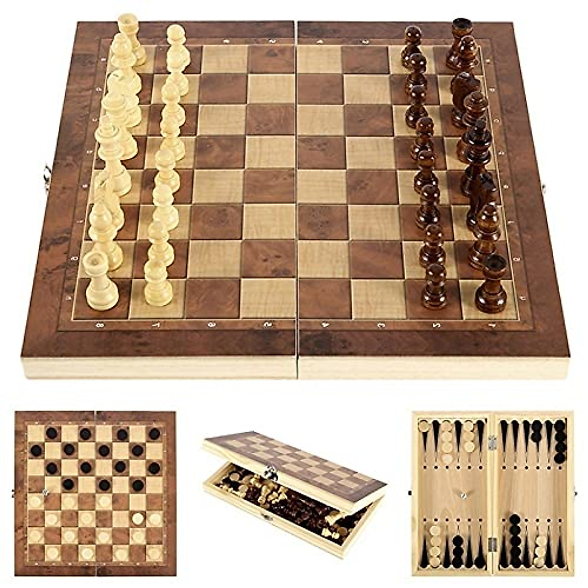 Icegrey Folding Wooden Chess Board Traditional Games Portable Storage International Chess Set for Kids and Adult School Outdoor Travel 24x24cm(9.4''x9.4'')