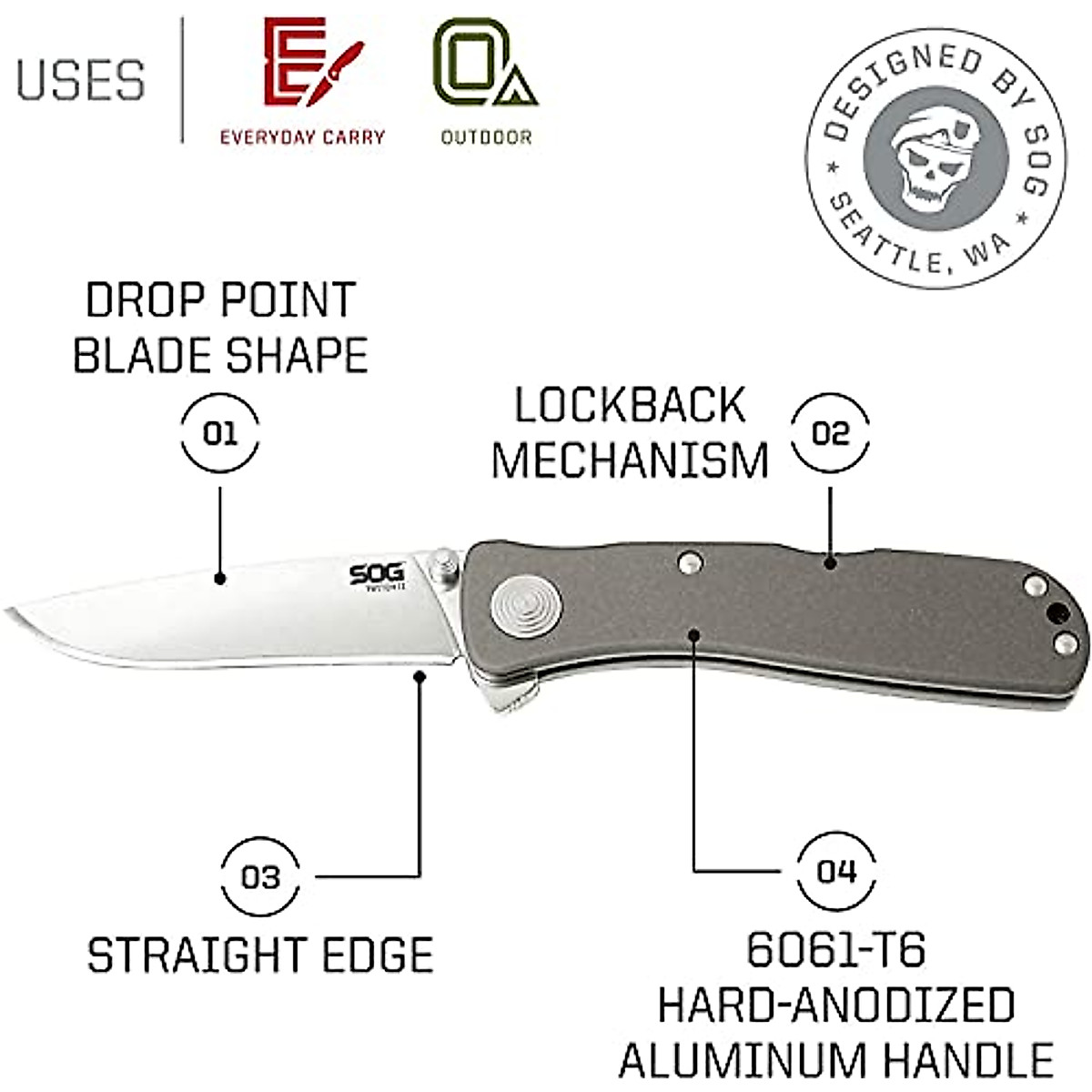 SOG TWI8-CP Twitch II 6.20 Inch EDC Folding Knife, silver