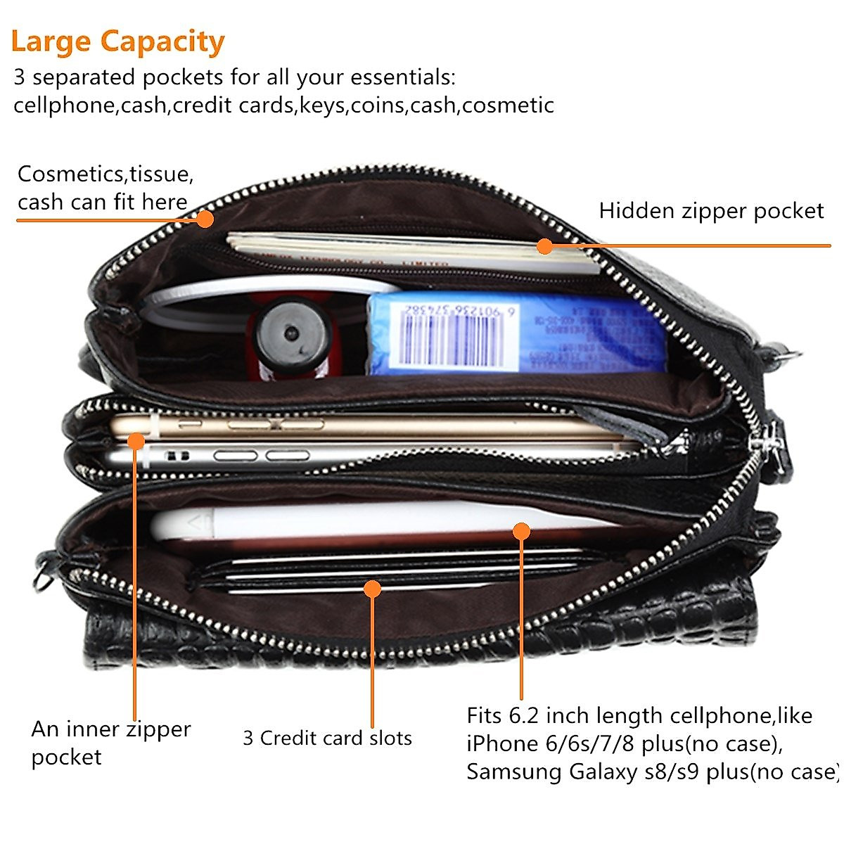 Semikk Women Soft Genuine Leather Smartphone Wristlet Purse Cell Phone Cross Body Bag Wallet Clutch Handbag with Card Slots/Shoulder Strap/Wrist Strap - for iPhone 6s Plus (Black) Small