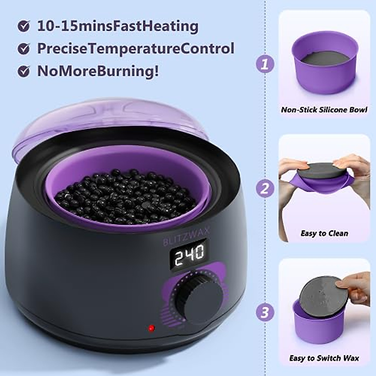 BLITZWAX Waxing Kit for Women Men Digital Wax Warmer Hard Wax Kit with 50 Wax Accessories 14oz Wax Beans for Full Body Brazilian Bikini Armpit Hair Removal