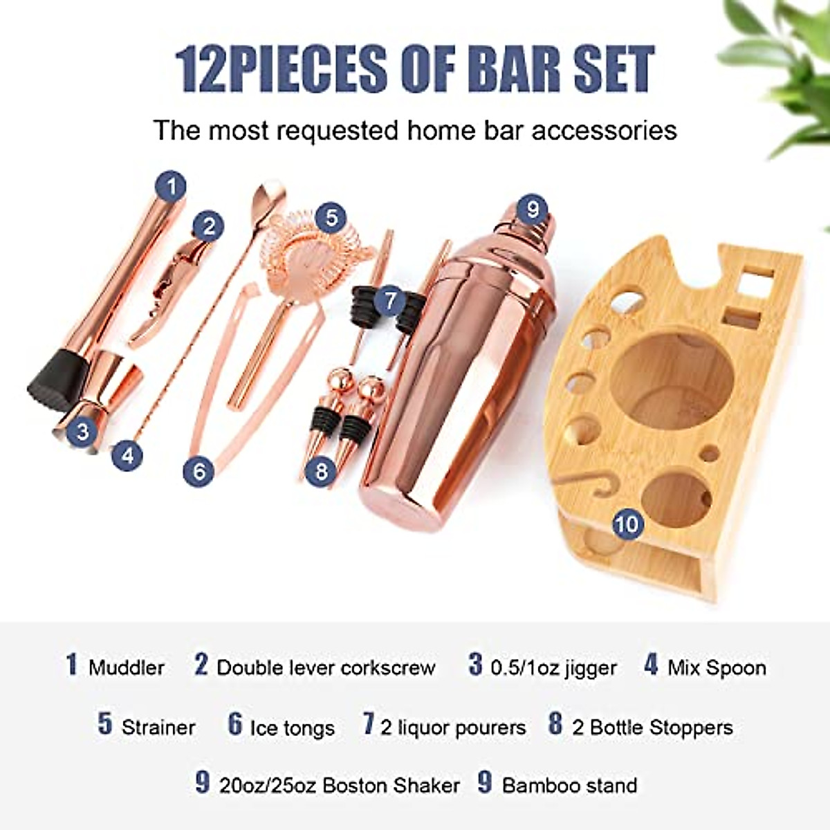 JNWINOG Cocktail Shaker Set,12Pcs-Shakers Bartending with 25oz Martini Shaker and Bamboo Stand, Cocktail Mix Drink Making Kit Professional for Bartender(Rose Copper)