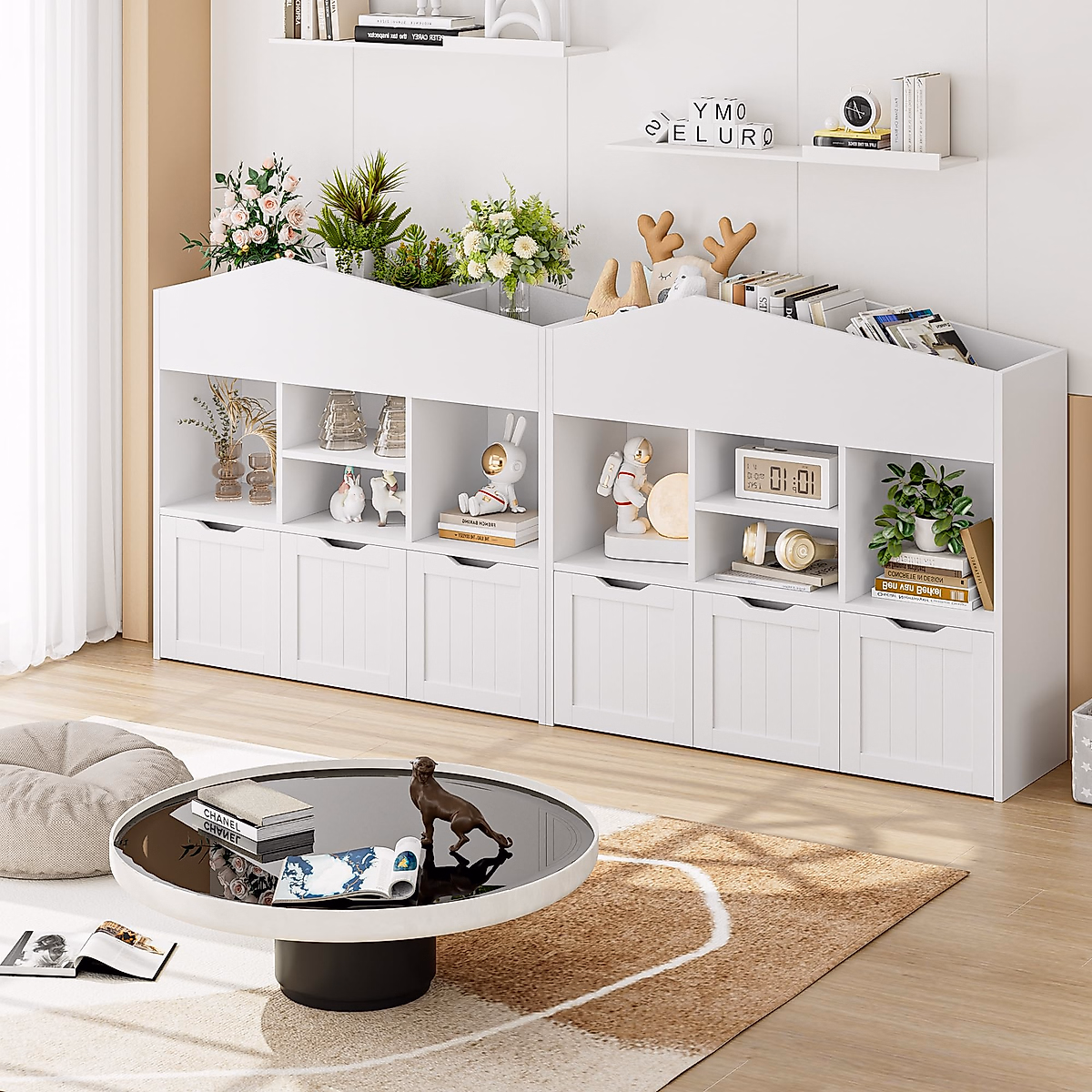FOTOSOK Toy Storage Organizer with 3 Movable Drawers, Toy Organizers and Storage with Concealed Wheels and 7 Cubbies, Toy Storage Kids Storage Organization, Playroom Furniture, White