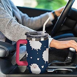 Cute Sheep Pattern 40oz Water Bottle Double Wall Insulated Tumbler with Handle Leakproof Travel Mug Light Rose Red-style