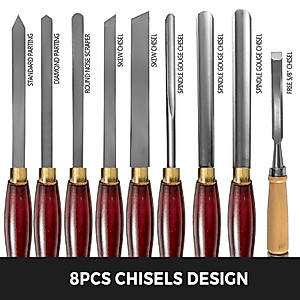 Mophorn Woodworking Lathe Chisel Set 8 Piece Set Lathe Chisel HSS Steel Blades Wood Turning Tools Wooden Case for Storage for Wood Carving Root Carving Furniture Carving Lathes Red