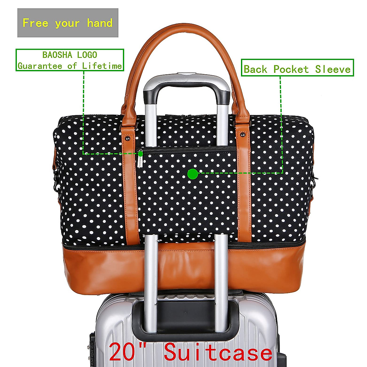 BAOSHA HB-28 Ladies Women Canvas Travel Weekender Bag Overnight Carry-on Duffel Tote Bag (Black Dot) 18 x 13 x 8 inch