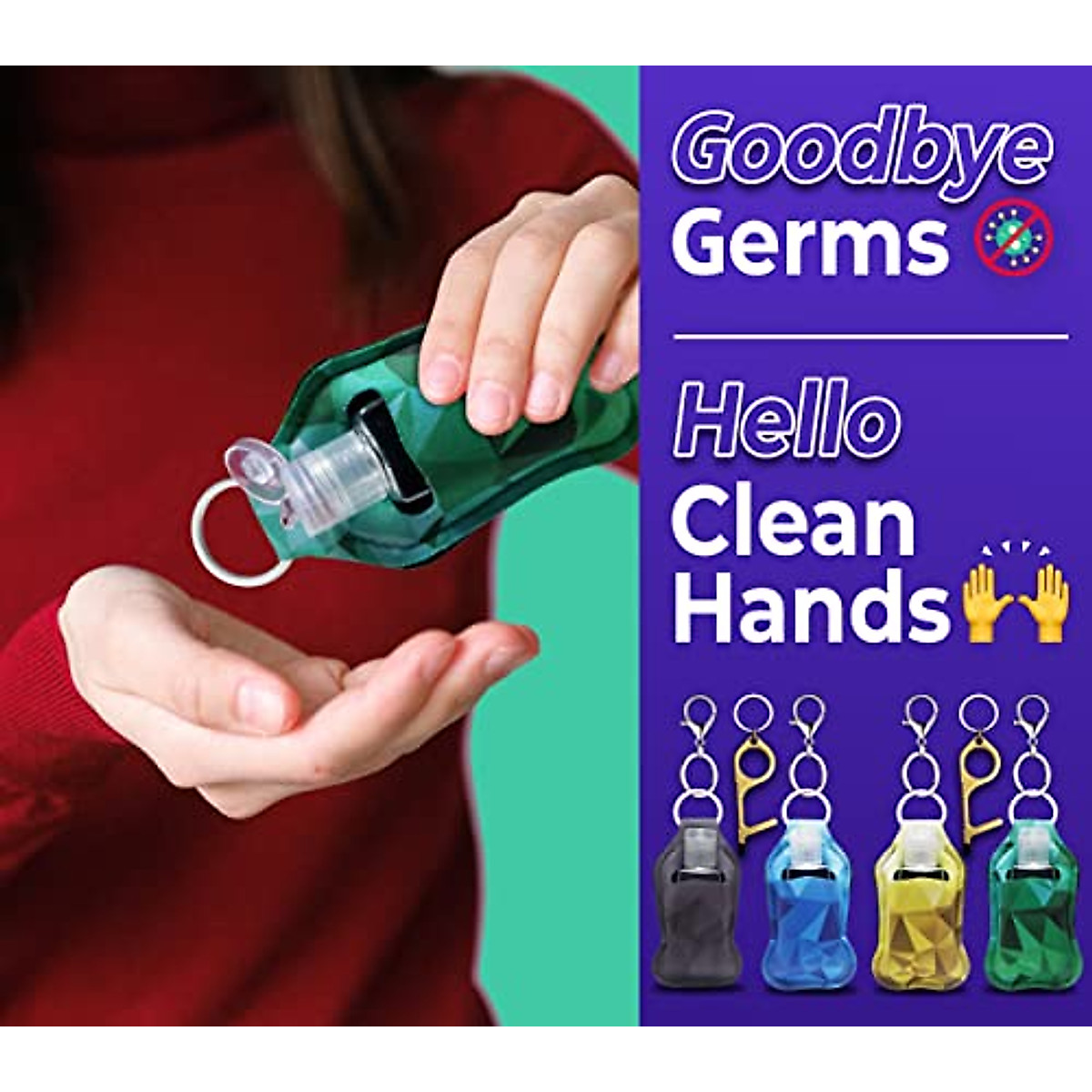 Hand Sanitizer Keychain Holder Reusable Empty Travel Size Leak-Proof Bottle with 2 No-Touch Door Opener with Stylus 30 ML Flip Cap Refillable Containers with Keychain for Soap and Lotion
