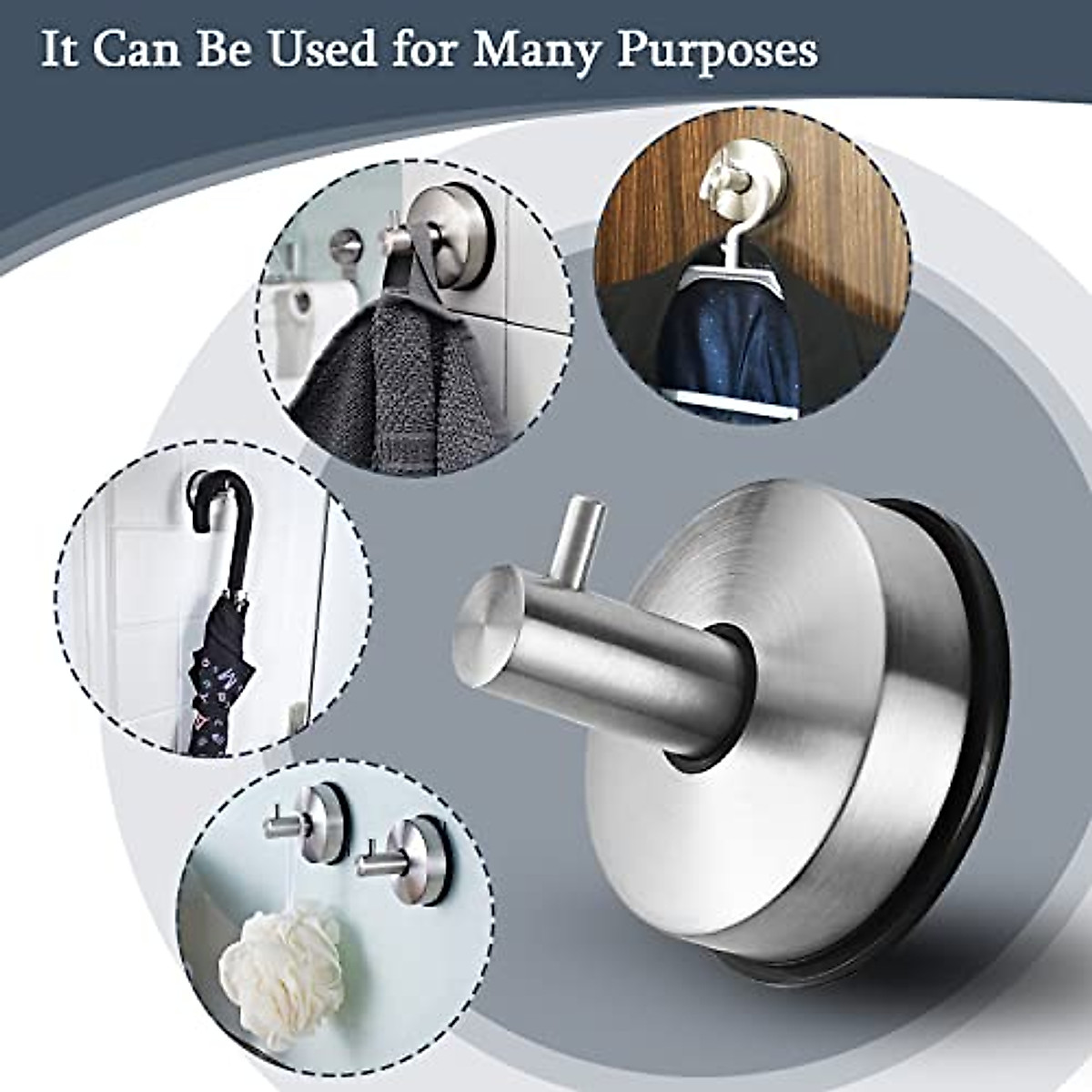 Suction Cup Shower Hooks, Towel Hooks for Glass Doors or Tiles, Stainless Steel No-Drill Reusable Hooks (2 Pcs, Silvery)