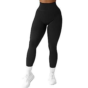 SUUKSESS Women Ribbed Seamless Leggings High Waisted Tummy Control Workout Yoga Pants (Black, M)