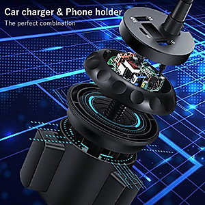 HVDI Cup Phone Holder Wireless Car Charger Mount, 3 Ports 54W Car Charger with 15W Qi Fast Charging Auto-Clamping Wireless Charger Adjustable Gooseneck Mount for iPhone Samsung Galaxy Note LG & More