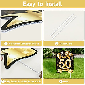2Pcs 50th Birthday Yard Sign Decorations with Stakes, Large Size 16'' Black Gold Happy 50th Birthday Made in 1973 Waterproof Outdoor Lawn Signs Decor for Men Women Birthday Party Supplies